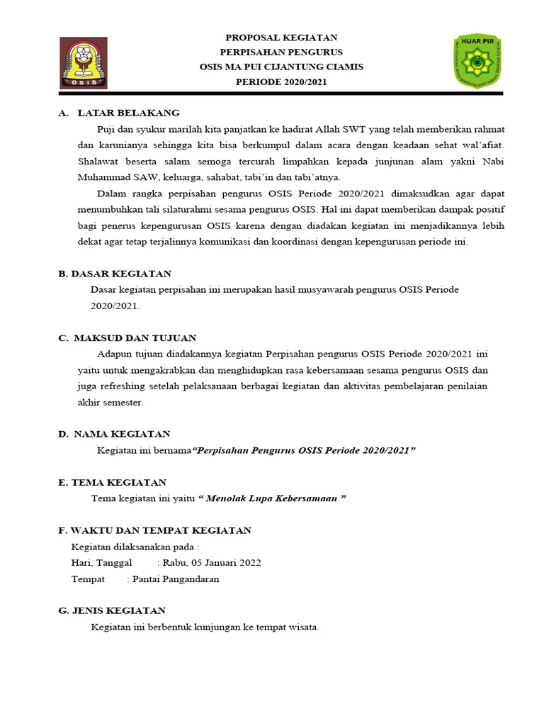 Proposal Kegiatan Perpisahan Pengurus Osis | PDF