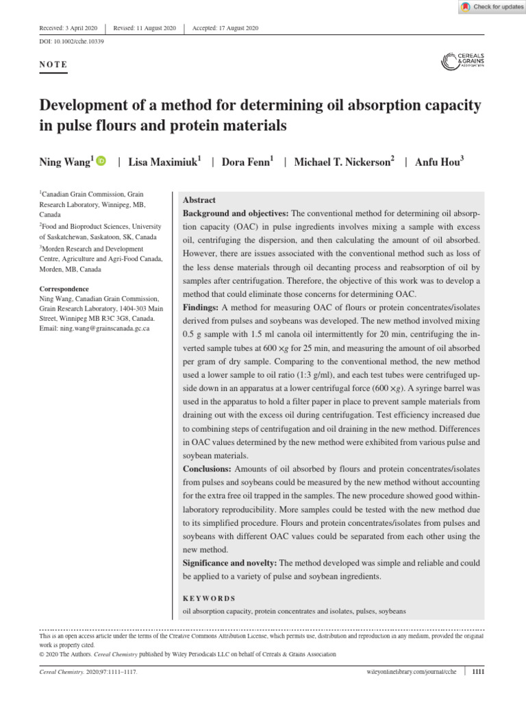 Development of a method for determining oil absorption capacity in ...