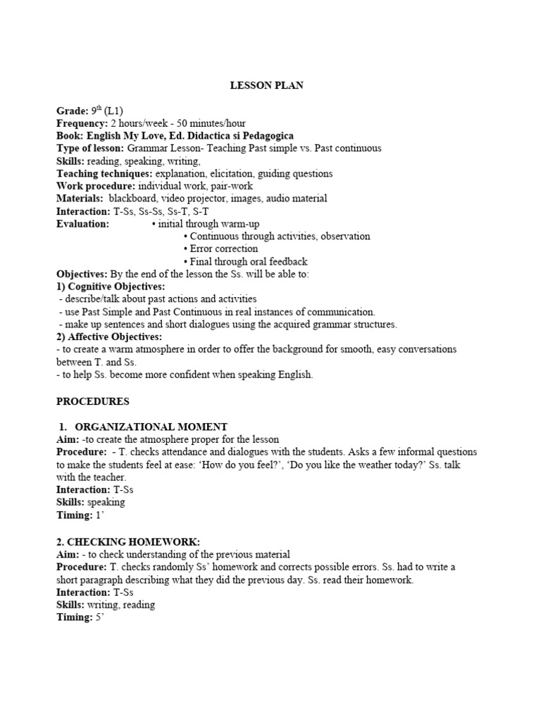 Plan Past Continuous 9 FIZIC | PDF | Classroom | Communication