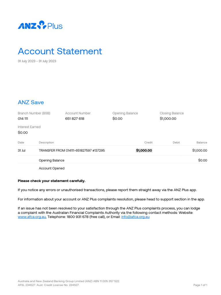 ANZ Save Statement July 2023 | PDF