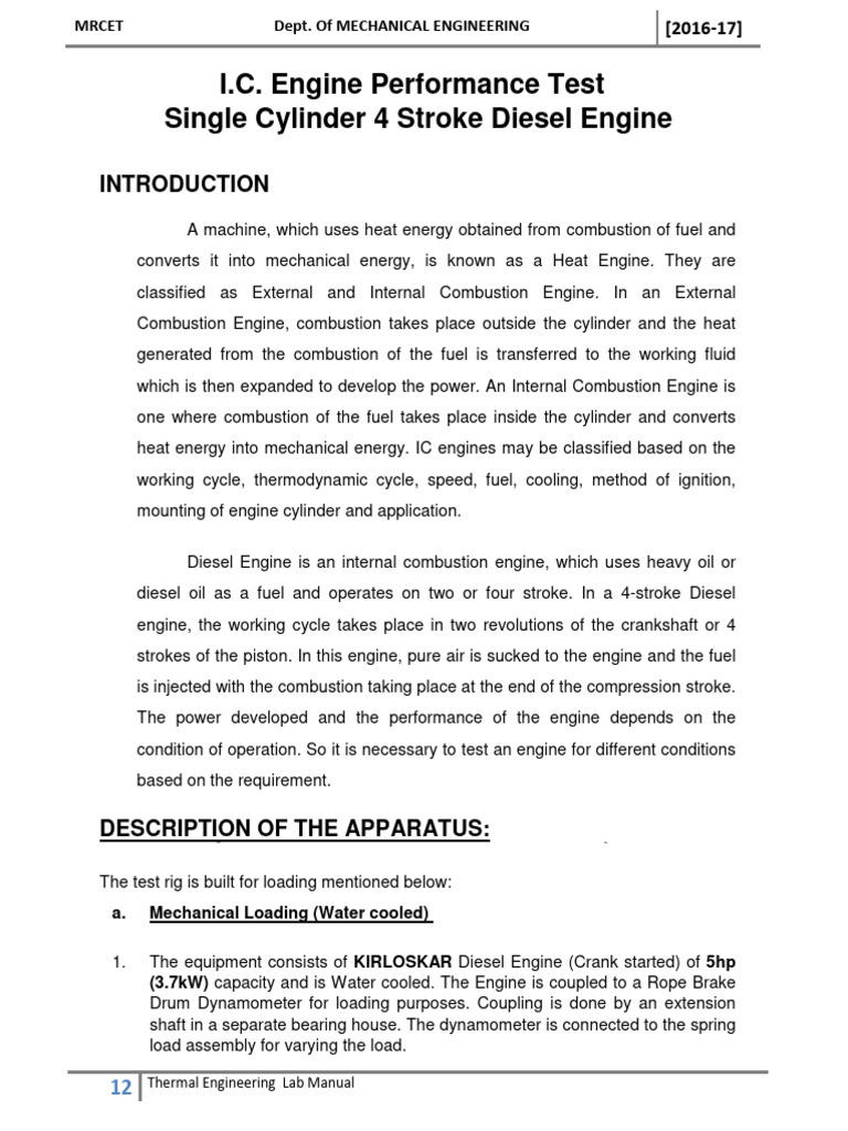 I.C. Engine Performance Test Single Cylinder Diesel Engine | PDF ...