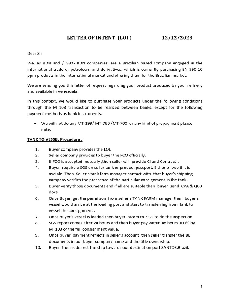 LETTER OF INTENT EN_590_ BDN_12.12-1 | PDF | Sales | Procurement