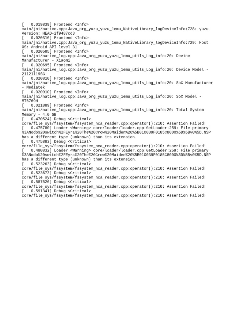 Yuzu Android Log: Device Info & Errors | PDF | Business | Technology & Engineering