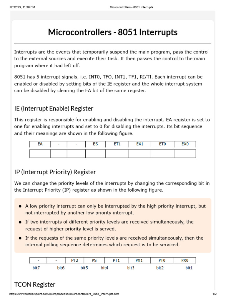Microcontrollers - 8051 Interrupts | PDF