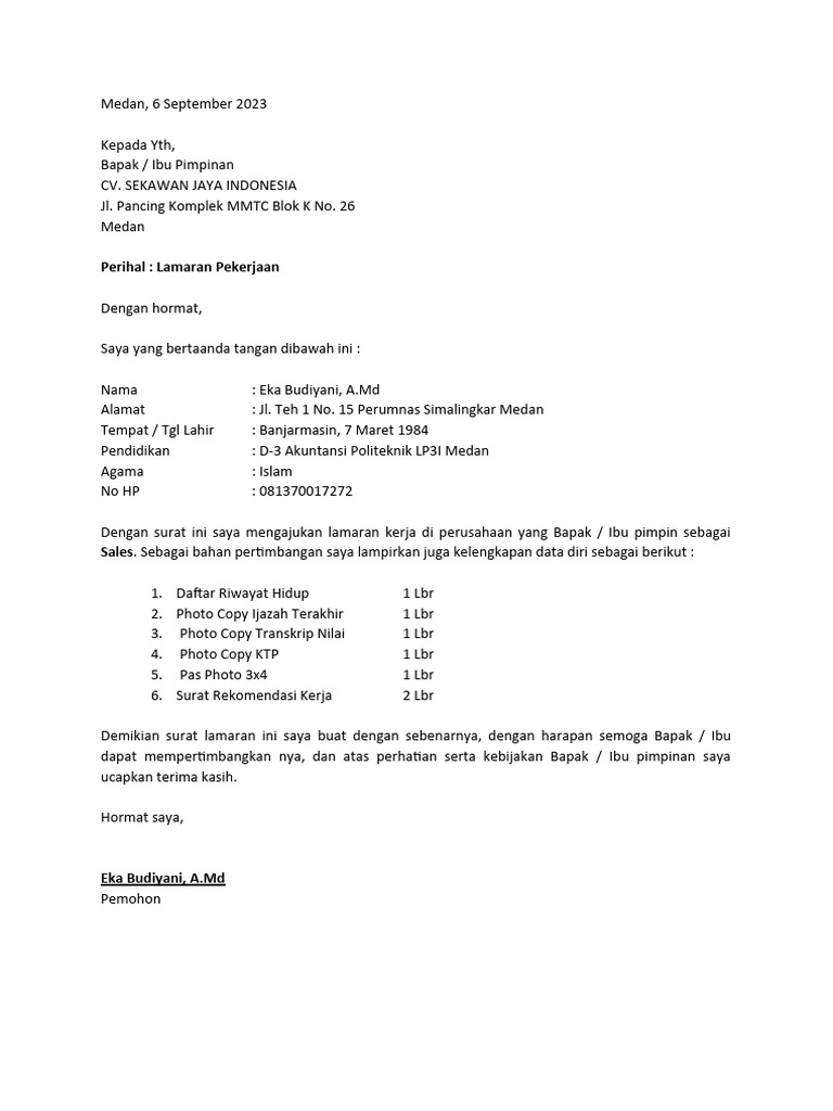 Surat Lamaran Eka | PDF
