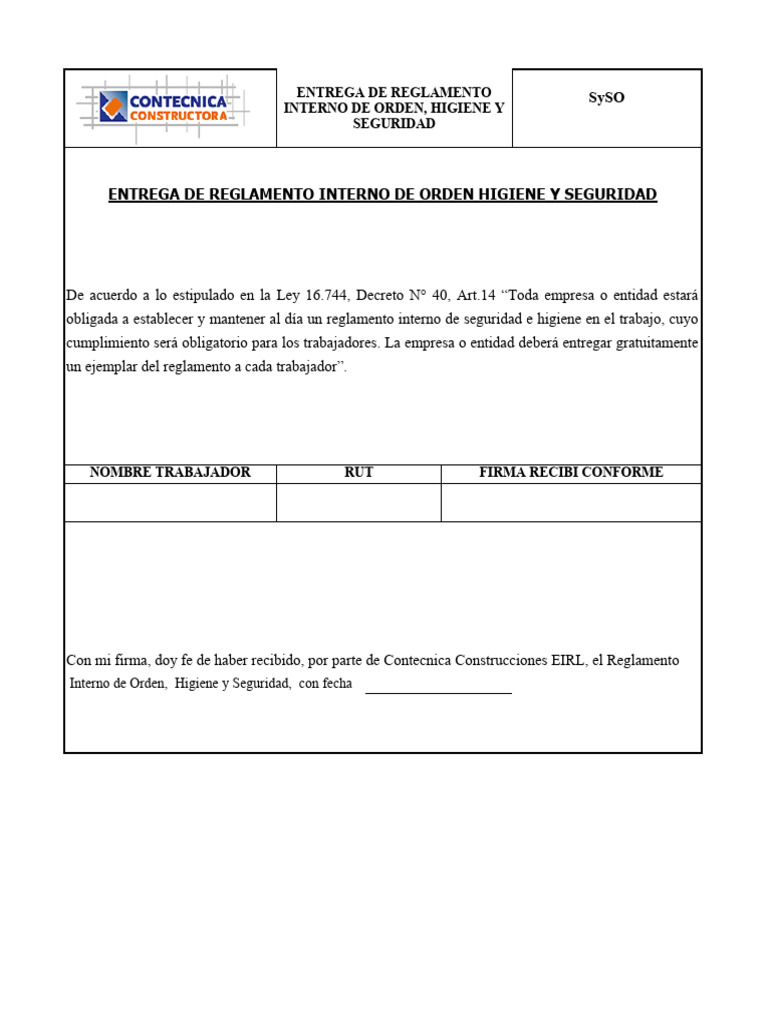 Entrega Reglamento Interno Contecnica | PDF