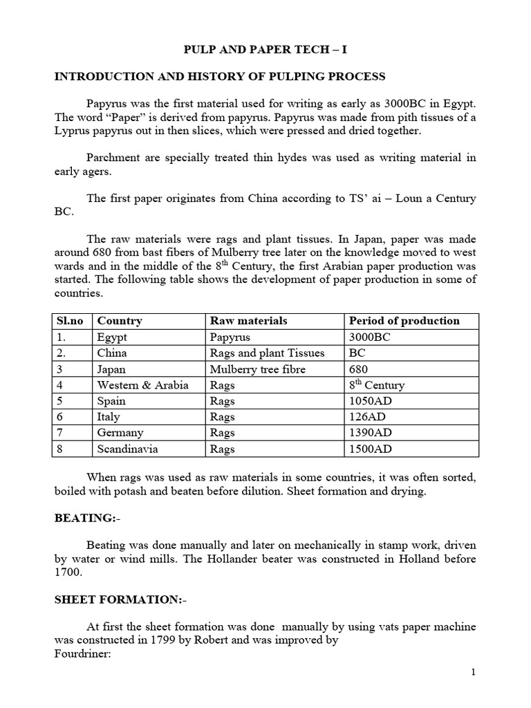 Pulp and Paper Tech - I Introduction and History of Pulping Process | PDF | Pulp (Paper) | Paper