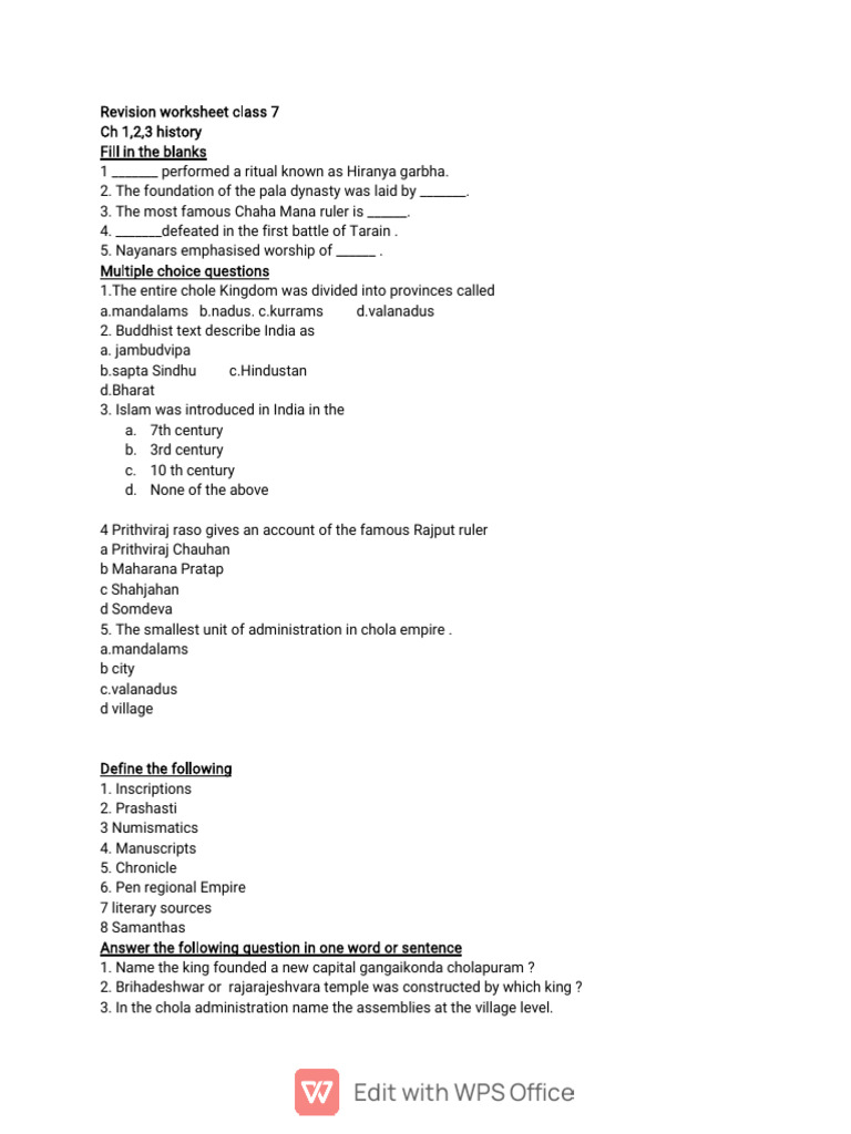 Revision Worksheet Class 7 | PDF