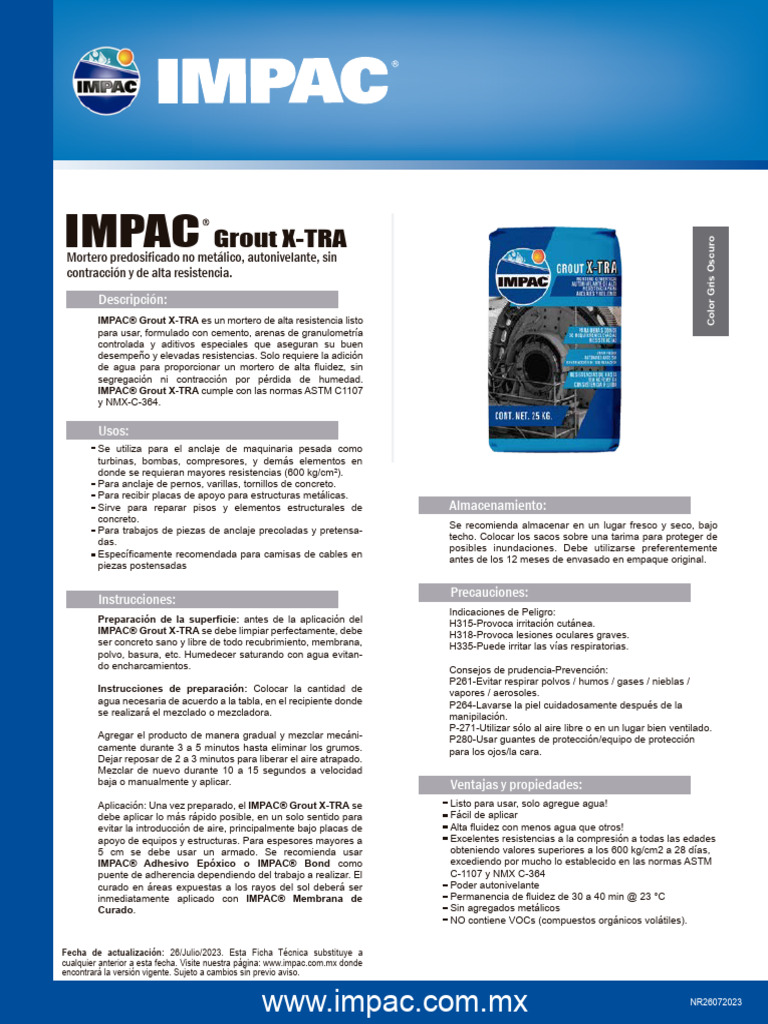 Impac Grout X Tra | PDF | Hormigón | Materiales de construcción