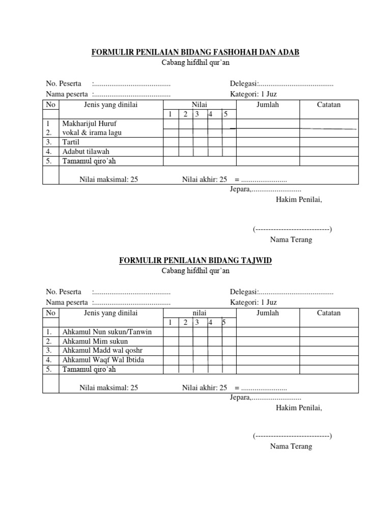 Form Penilaian Juri MHQ | PDF | Metode & Bahan Ajar