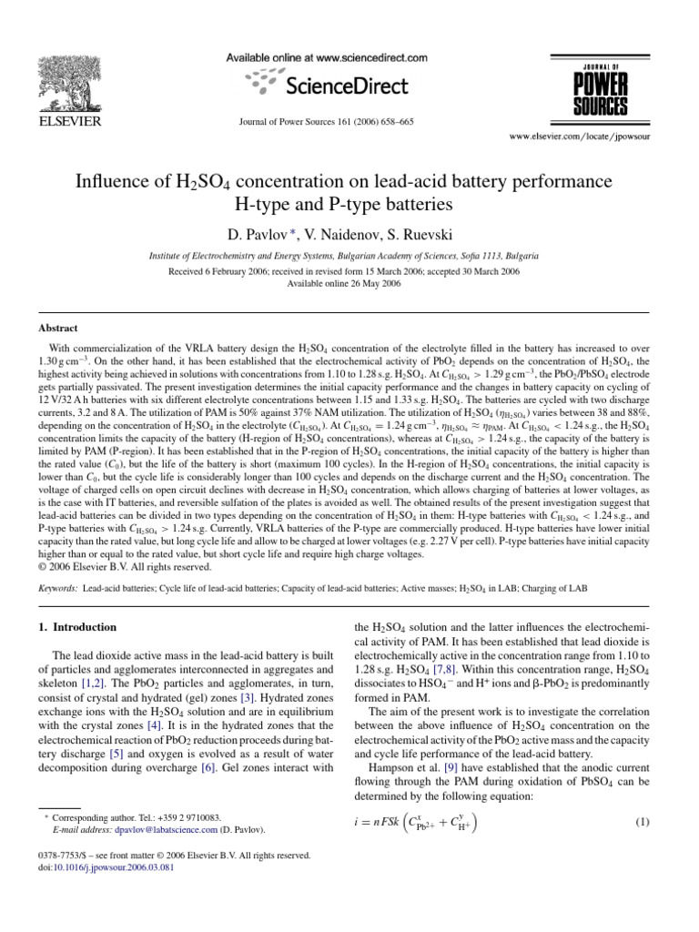 2006 - Pavlov - Influence of H2SO4 Concentration On LAB Performance ...