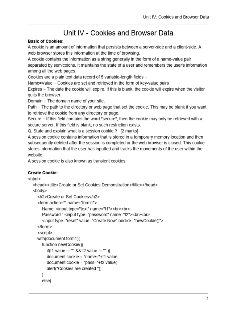 Unit IV - Cookies and Browser Data | PDF | Http Cookie | Java Script