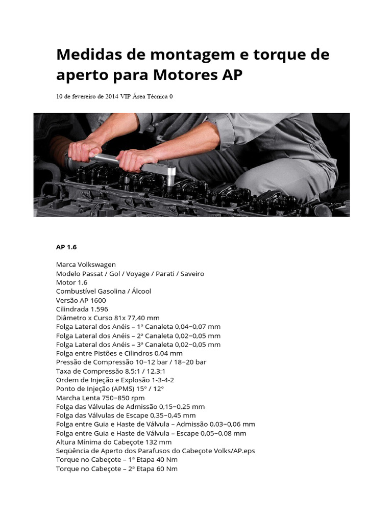 Medidas de Montagem e Torque de Aperto para Motores AP | PDF | Pistão | Motores