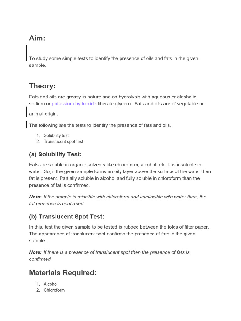 Tests For Detection of Fat | PDF | Solubility | Chloroform