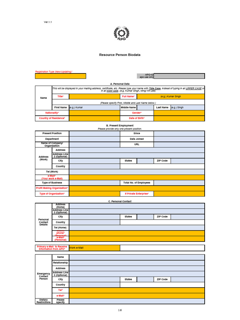 APO Biodata Form 2020-Resource Person53251 | PDF | Agriculture | Economies