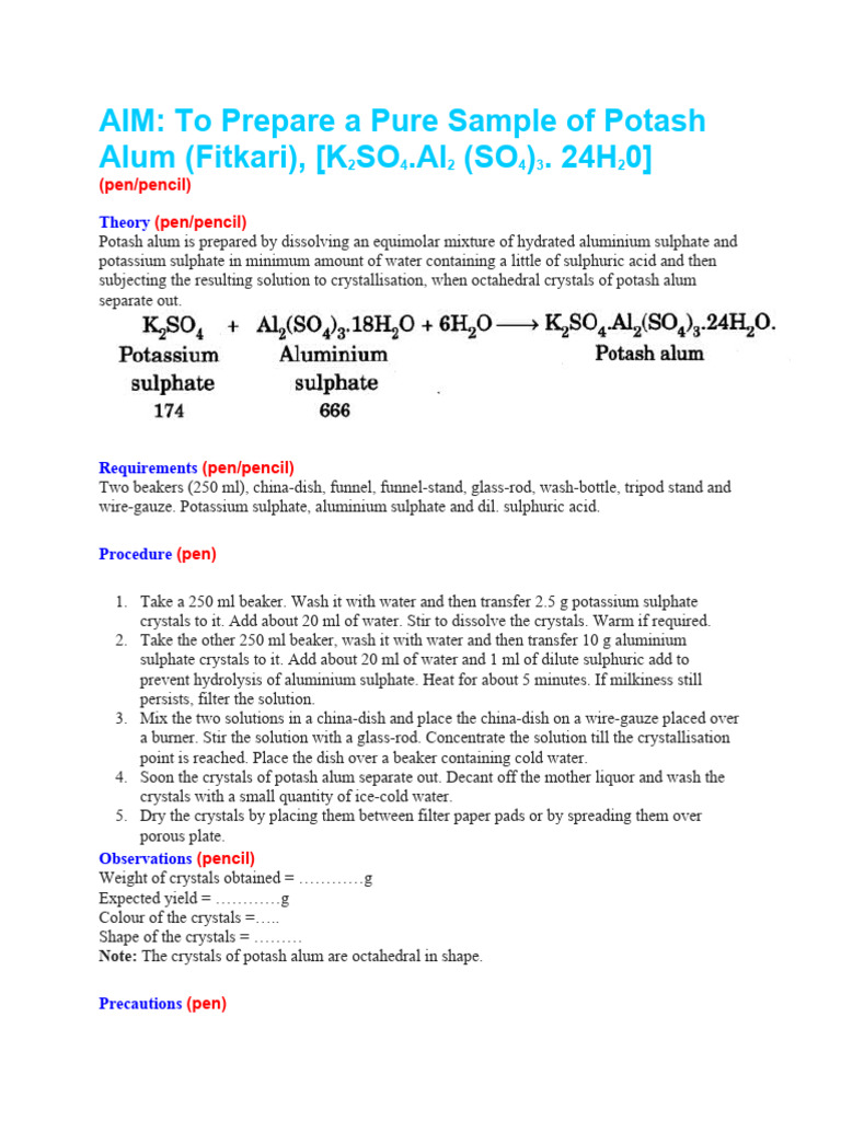 Preparing Pure Potash Alum Crystals | PDF