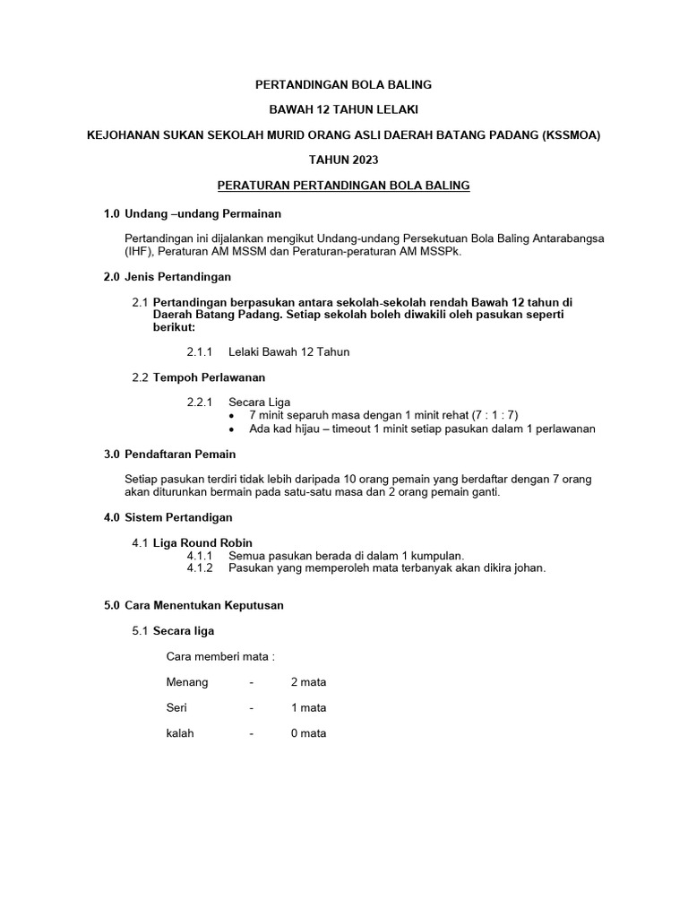 Peraturan Kssmoa 2023 Bola Baling Lelaki U12 | PDF