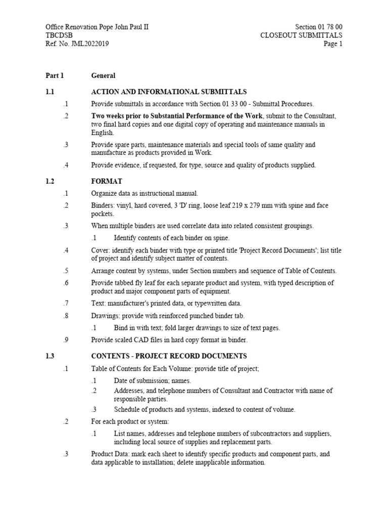 Closeout Submittals for Office Renovation | PDF | Bookbinding