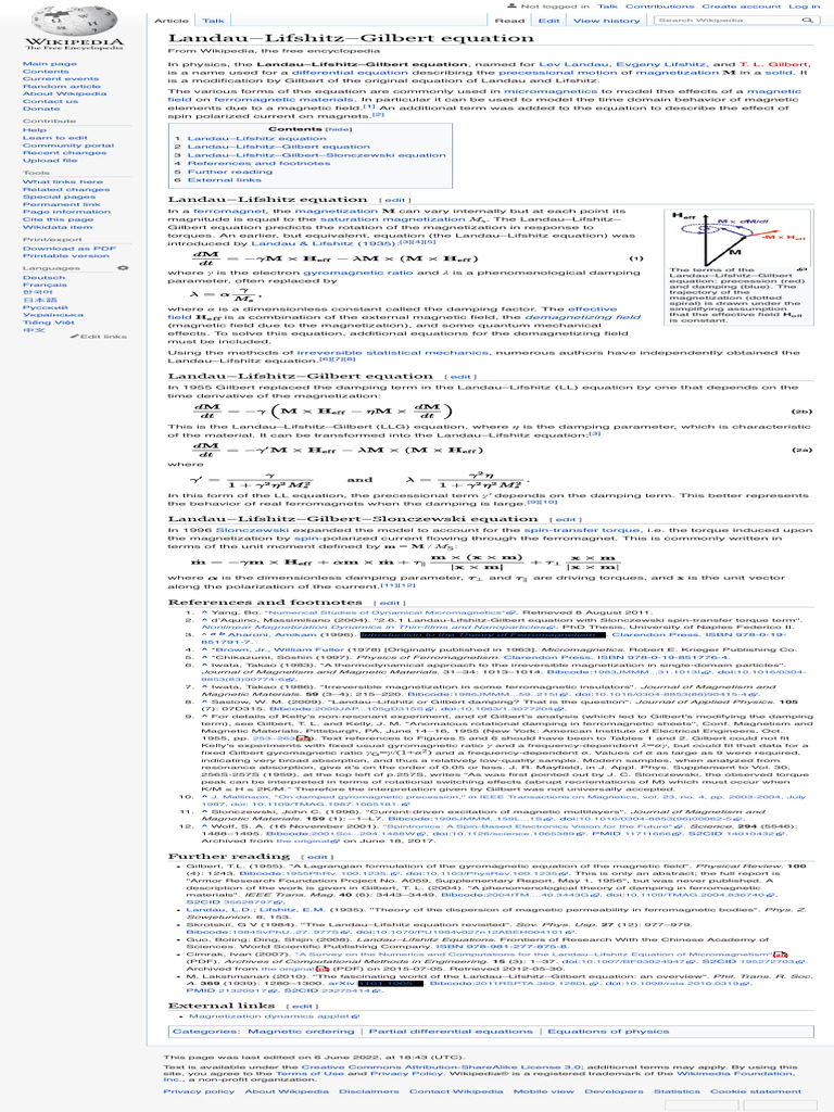 Landau-Lifshitz-Gilbert Equation - Wikipedia | PDF | Condensed Matter ...