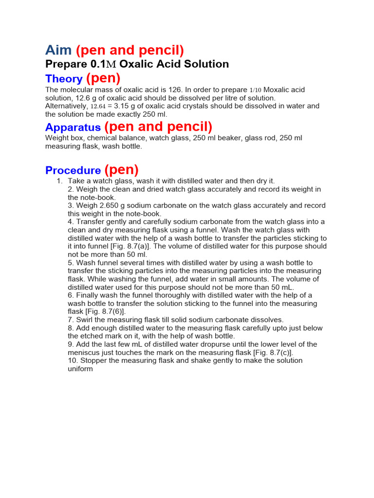 Experiment Prepare 0.1M Oxalic Acid Solution | PDF