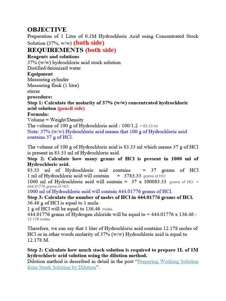 Preparing 1L of 1M HCl Solution | PDF | Hydrochloric Acid | Acid