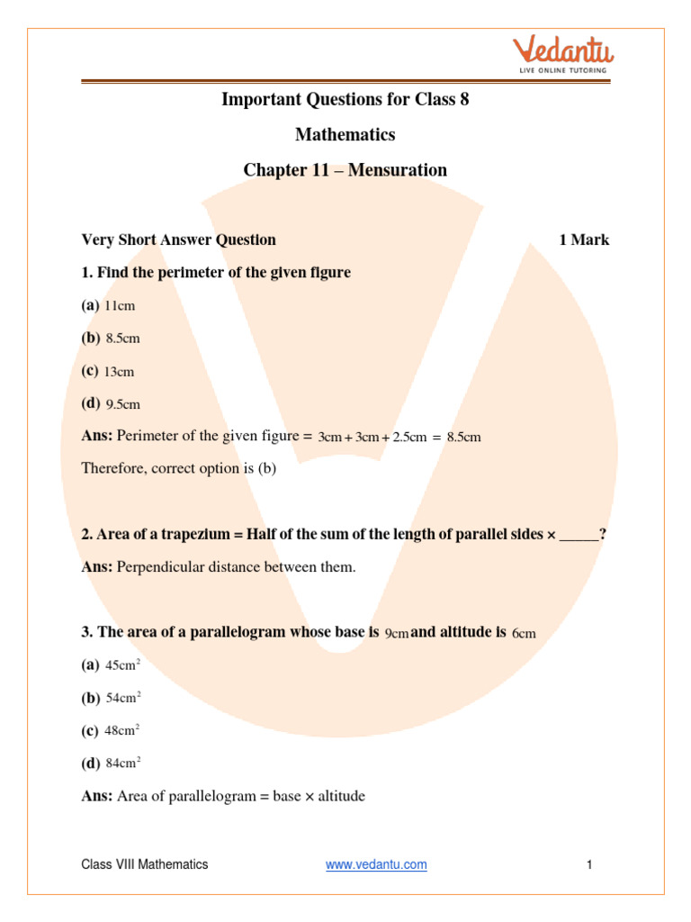 Important Questions For CBSE Class 8 Maths Chapter 11 - Mensuration ...