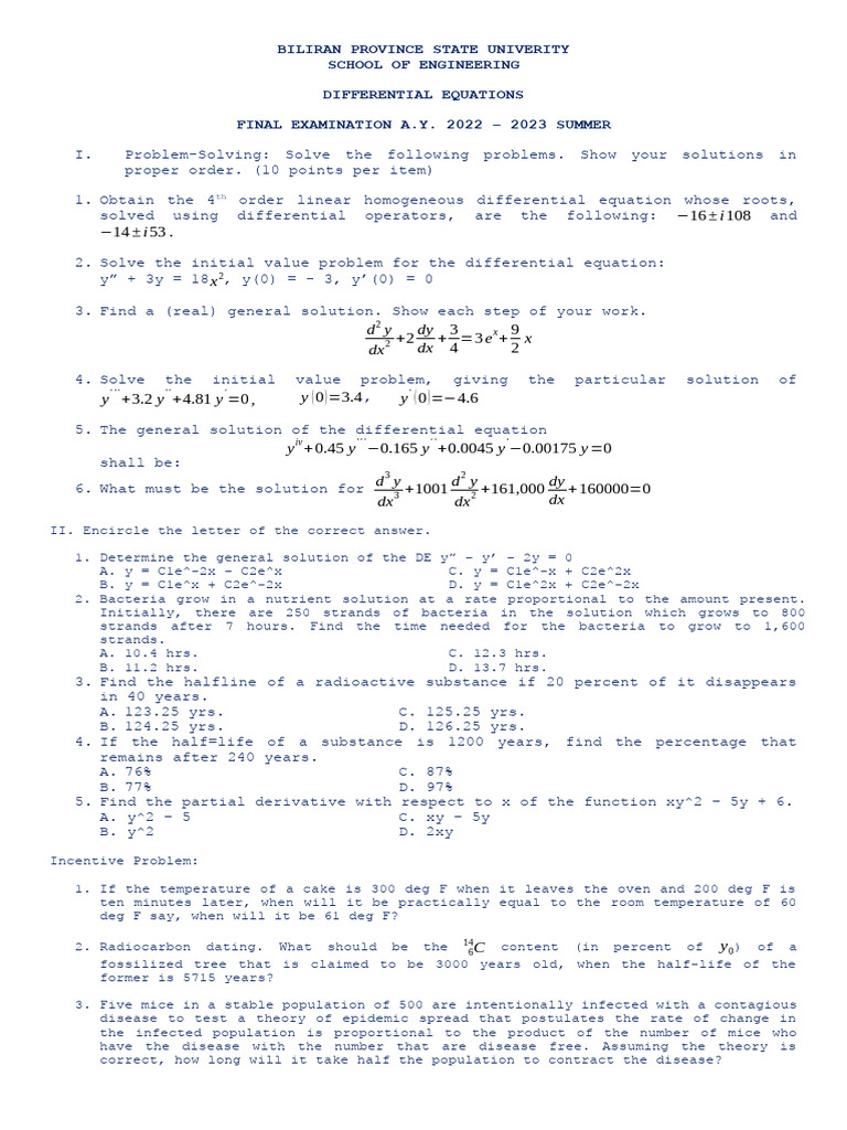 Final Examination Differential Equation Summer | PDF | Differential ...