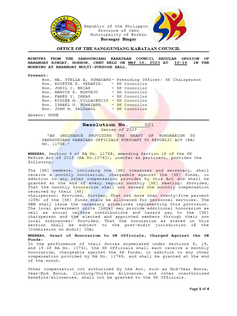 SK Officials Honorarium Ordinance 2023 | PDF | Government | Justice