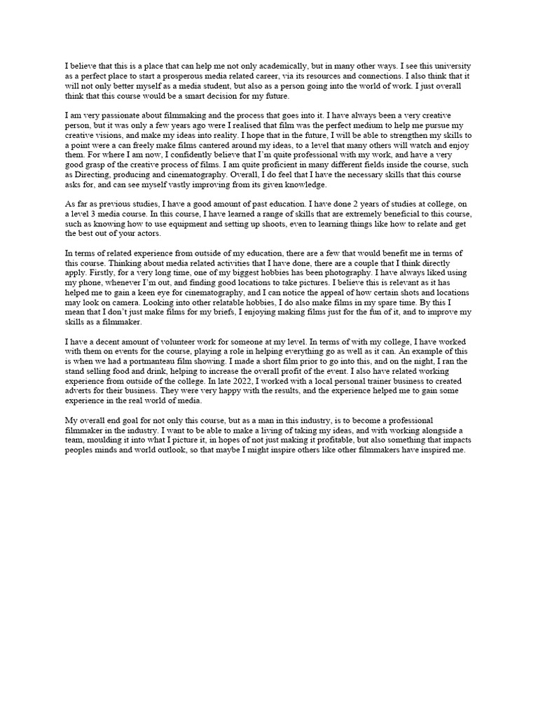 Media Personal Statement | PDF | Cinematography | Cognition