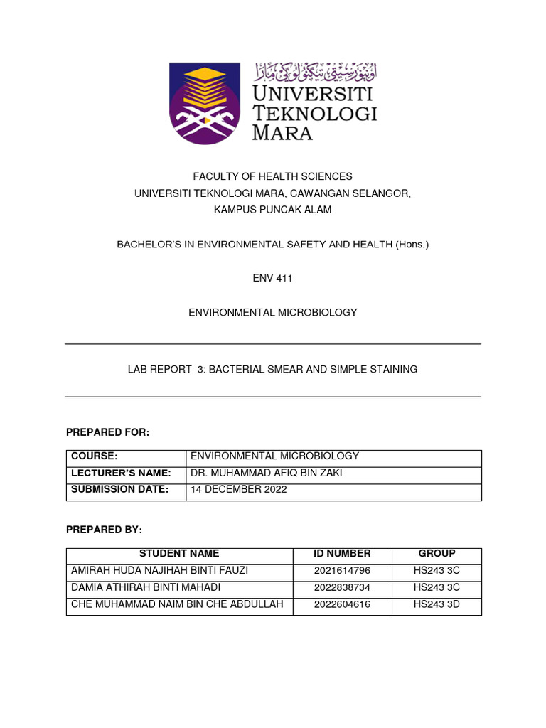 Lab Report 3 ENV411 | PDF | Staining | Bacteria Lab Report 3 ENV411 | PDF | Staining | Bacteria