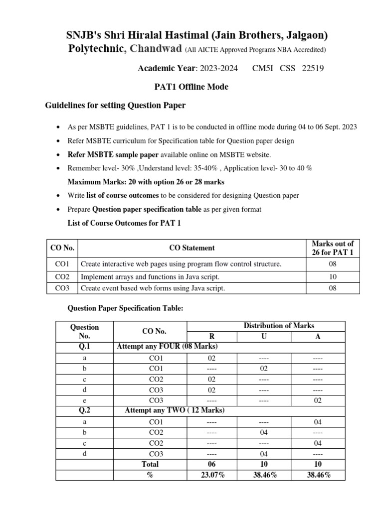 PAT1-CSS (22519) 2023-24 With Model Ans | PDF | Java Script | Bracket