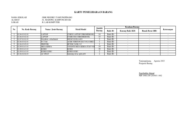 Kartu Pemeliharaan Barang Lab Kom | PDF