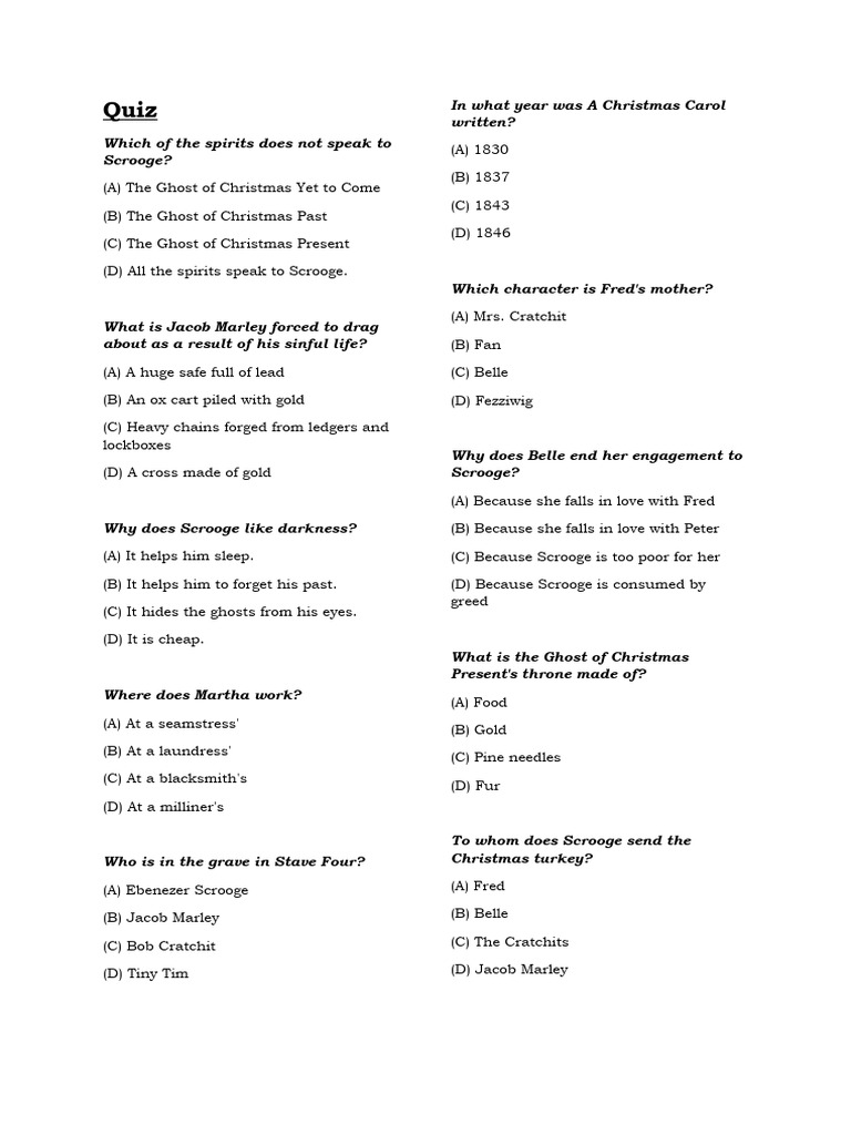 Quiz - Christmas Carol - Multiple Choice | PDF | Ebenezer Scrooge ...