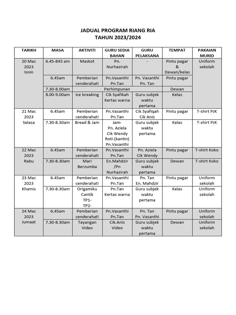 Jadual Kerja Program Riang Ria CJP | PDF