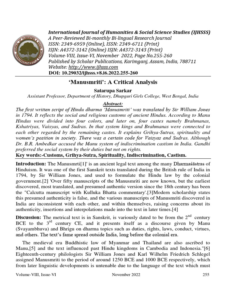 Critical Analysis of Manu | PDF | Indian Religions | Religious Belief ...