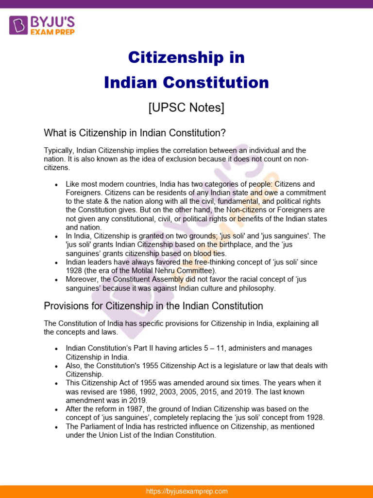 Citizenship in Indian Constitution Upsc Notes 76 | PDF | Citizenship ...