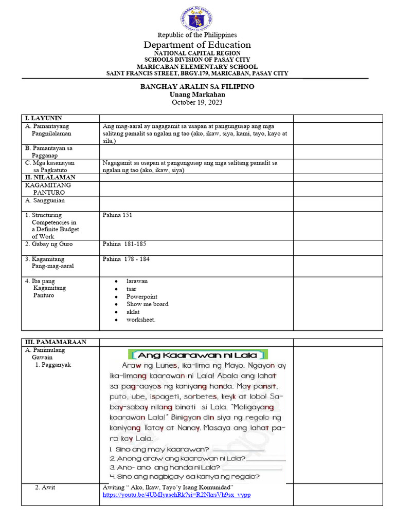 DAILY-LESSON-PLAN-Filipino - OBSERVATION - FIRST QUARTER | PDF