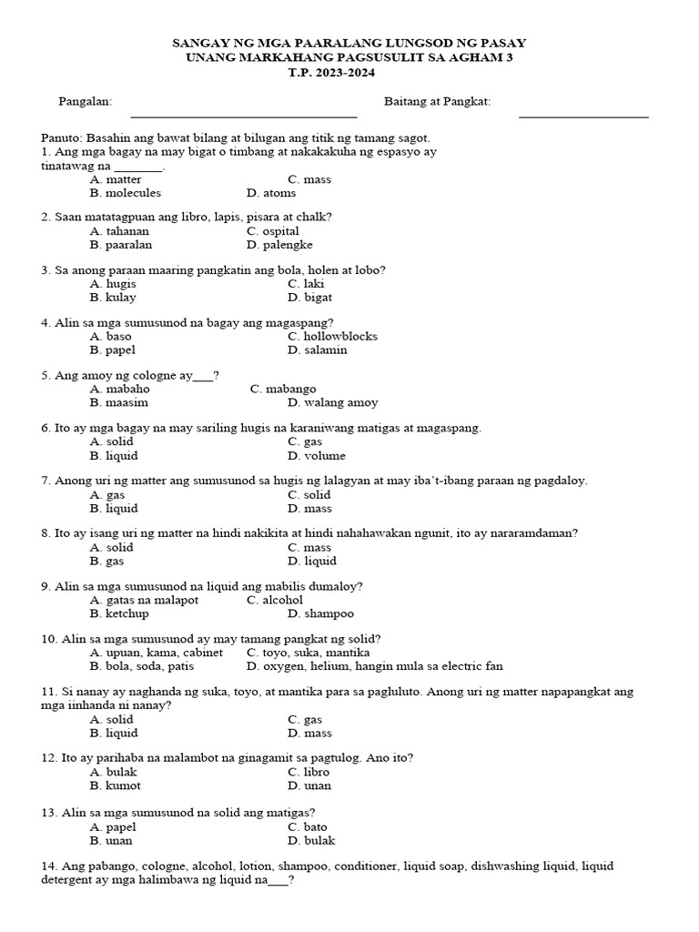 SCIENCE 3 - First Quarter - Periodic Test - TOS | PDF