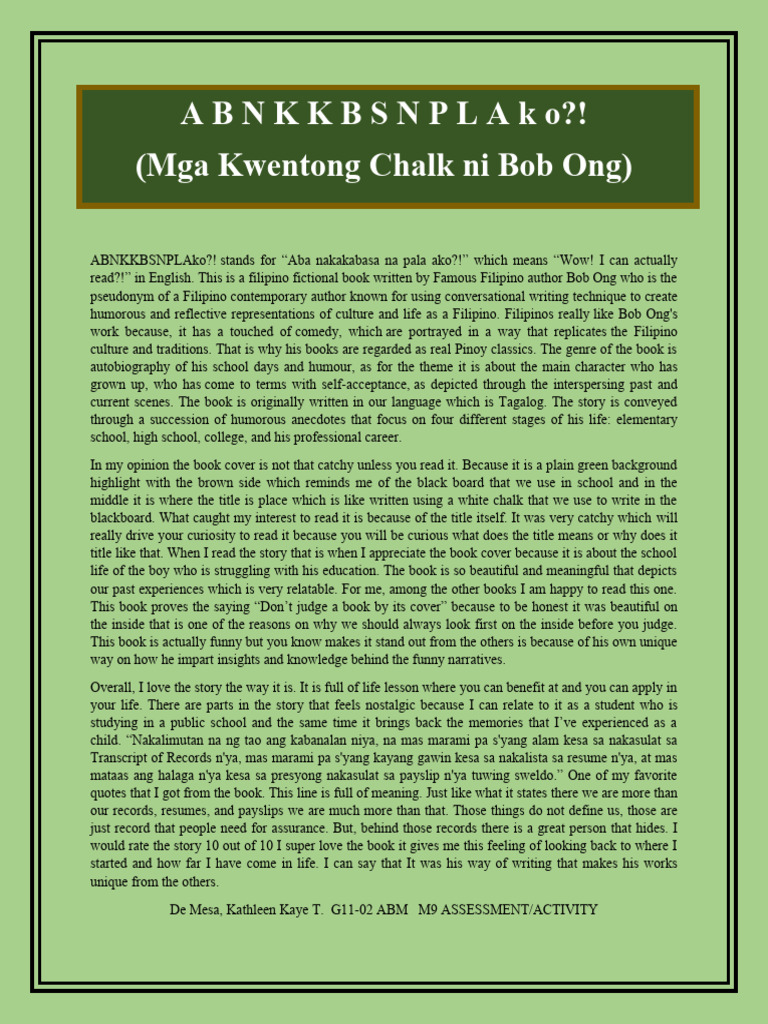 Abnkkbsnplako?! (Mga Kwentong Chalk Ni Bob Ong) | PDF