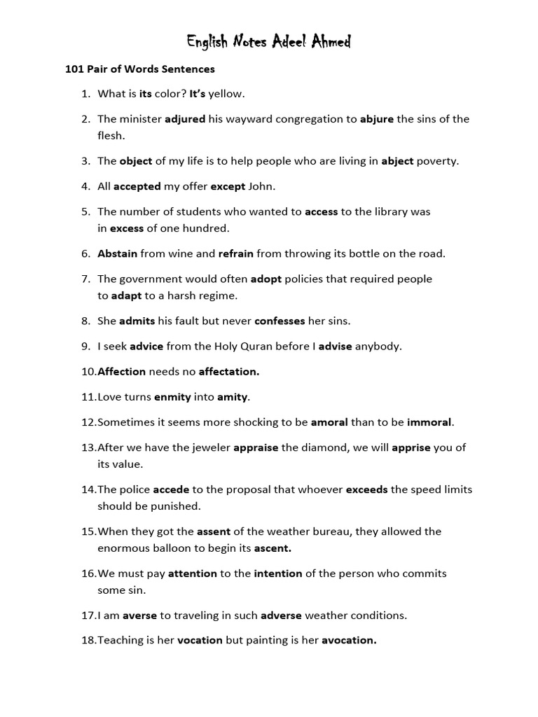 101 Pair of Words Sentences | PDF