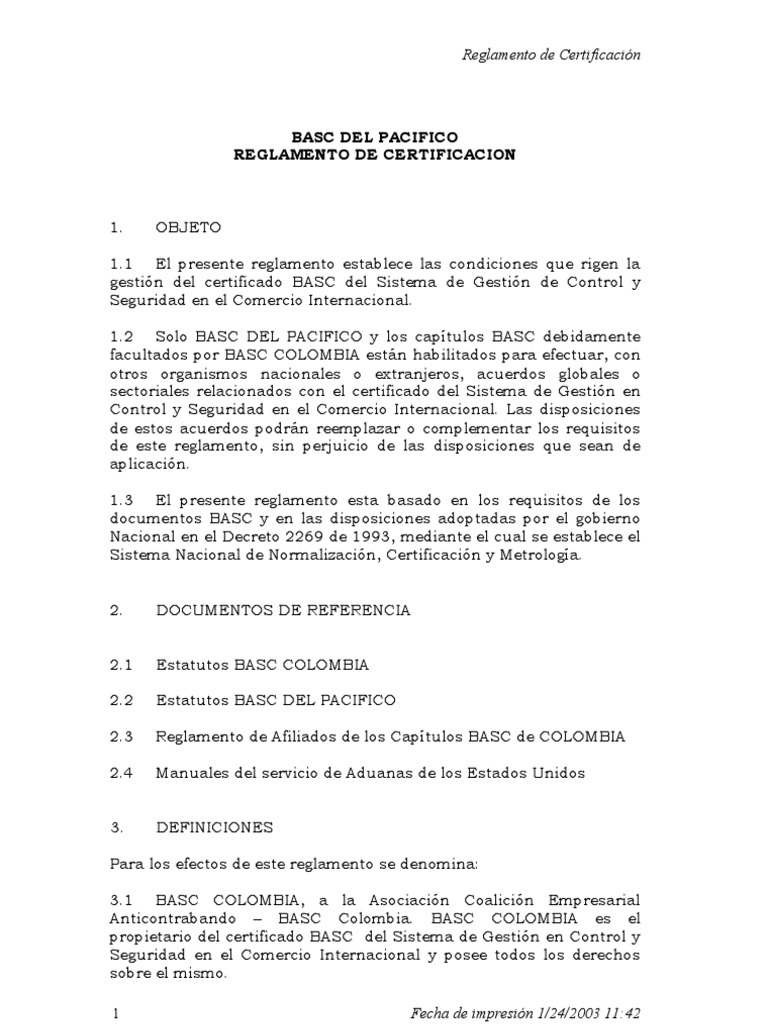 Reglamento Certificado BASC | PDF | Regulación | Colombia