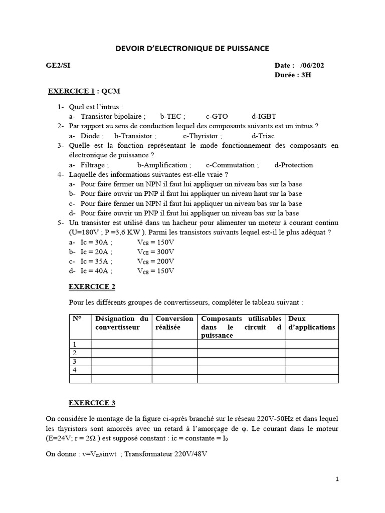 Devoir D'elp02 Juin 2122 | PDF | Transistor bipolaire | Électronique de puissance