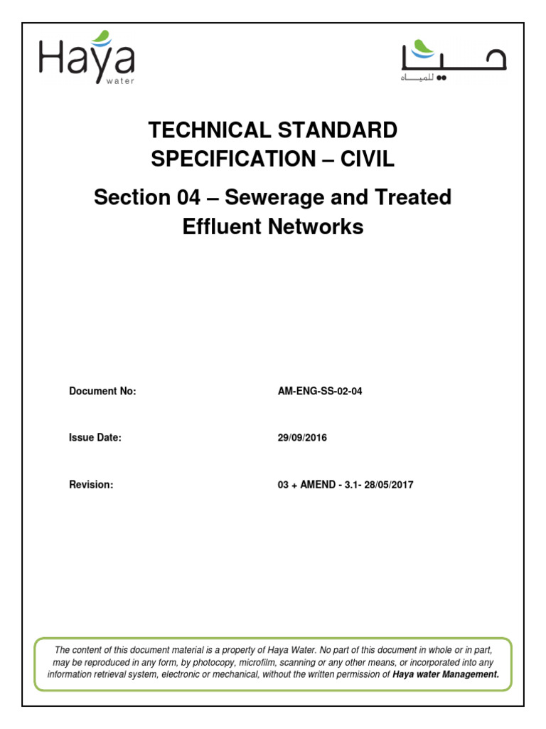 TSS Civil Section 04 Sewerage Rev-3.1 | PDF | Pipe (Fluid Conveyance) | Specification (Technical ...