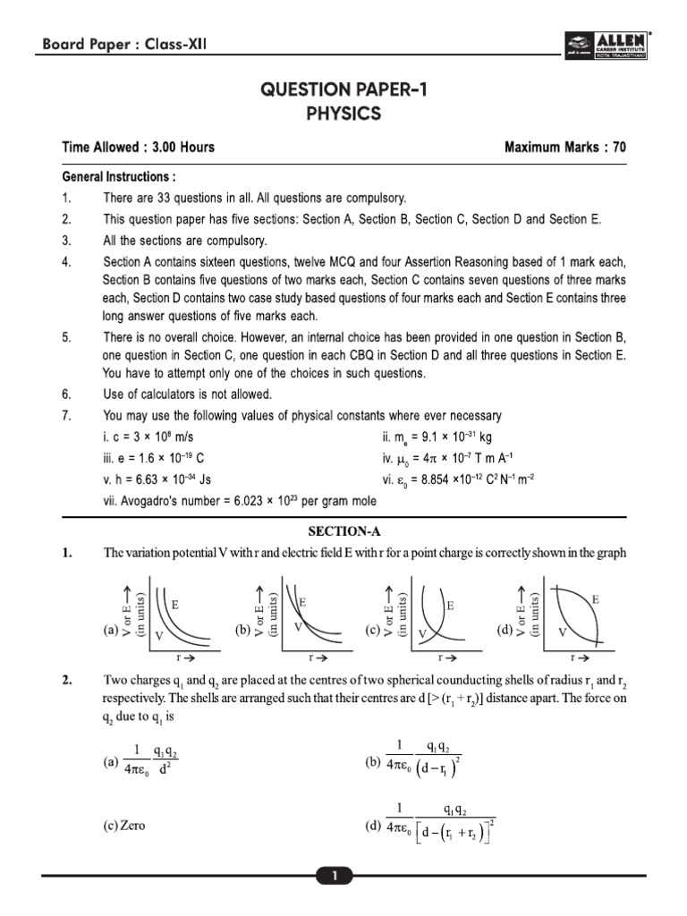 Class12 Physics Paper 1 | PDF