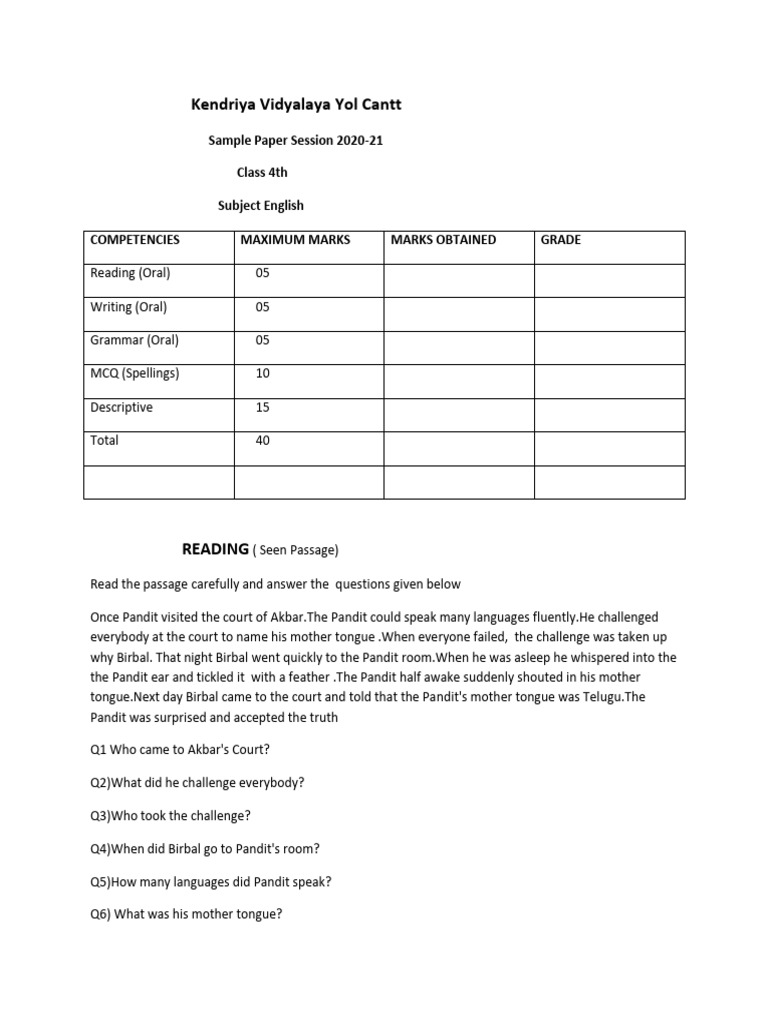 Class 4 Sample Papermaths Olympiad Pdf Human Communication
