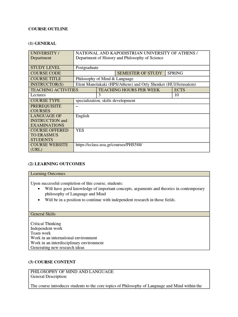 A Course Outline Philosophy of Mind and Language | PDF | Mind ...