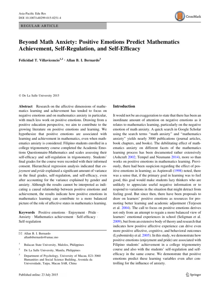 Beyond Math Anxiety Positive Emotions Predict Mathematics Achievement | PDF | Self Efficacy ...