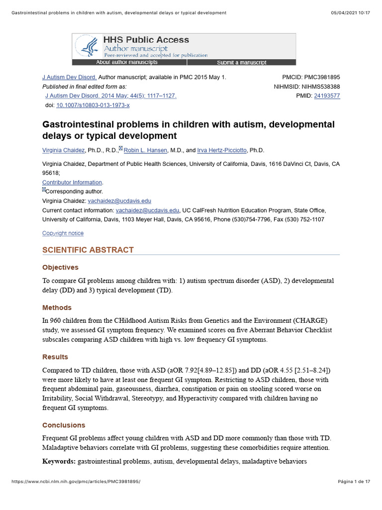 Gastrointestinal Problems in Children With Autism, Developmental Delays ...