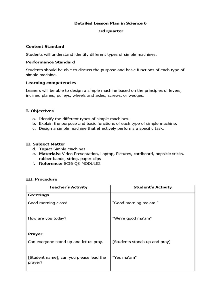 Detailed Lesson Plan In Science 6 Pdf Machines Mechanical Engineering