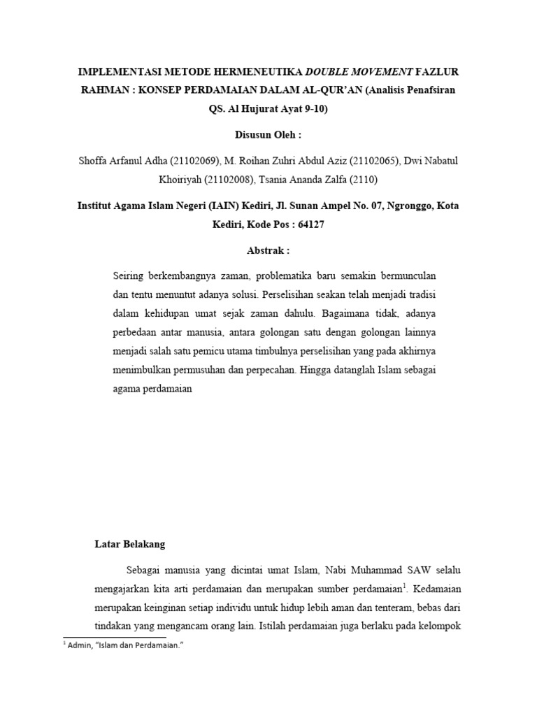 IMPLEMENTASI METODE HERMENEUTIKA DOUBLE MOVEMENT FAZLUR RAHMAN: KONSEP PERDAMAIAN DALAM AL-QUR ...